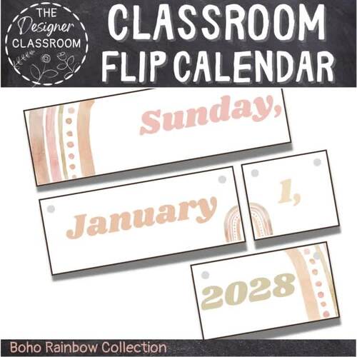 Flip Calendar | Boho Rainbow Classroom Decor by The Designer Classroom