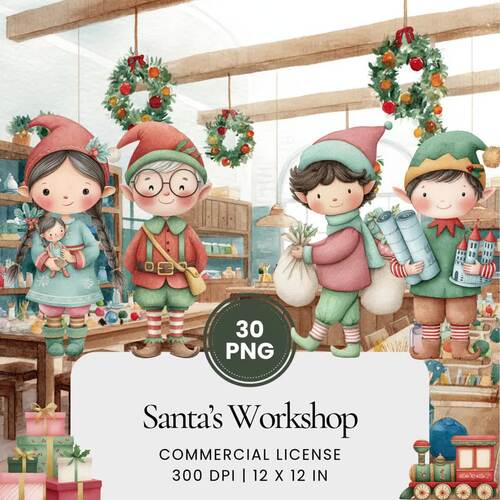 Santa's Workshop Christmas Elf Watercolor Clipart by Ikota Design
