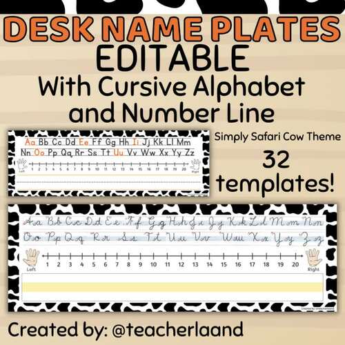 Student Desk Name Plates / Tags! Simply Safari Cow Theme Cursive + Numbers