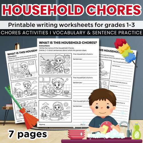 Household Chores Writing Worksheets for Kids Grades 1-3, Fun ESL Activities