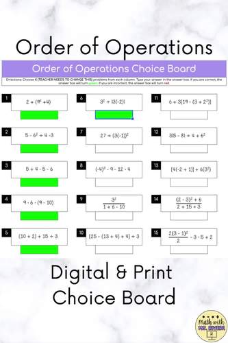 Order of Operations Digital and Printable Choice Board by Math with Ms ...