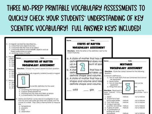 Science Vocabulary Assessments | Matter and Mixtures | Quiz Test Review