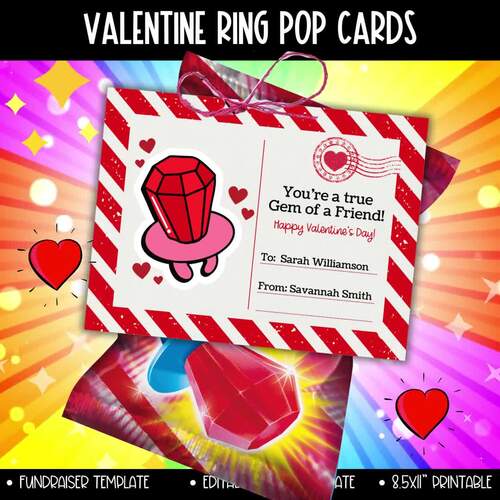 Valentine's Day Ring Pop Tags Card Teacher Student, Candy Fundraiser Favors