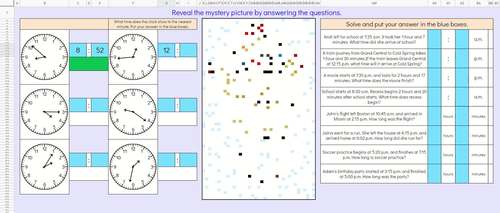 Digital Math Pixel Art Mystery Picture 3rd Grade 3.MD.1 Telling Time