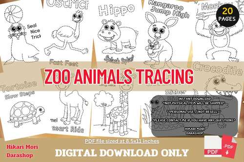 Zoo Animals Tracing Pages – 20 Fun Worksheets for Kids by Hikari Mori