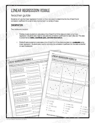 Linear Regression Riddle Activity by Math Beach Solutions | TpT