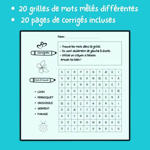 mots mêlés: Lecture, Vocabulaire, Apprendre le français tout en s’amusant