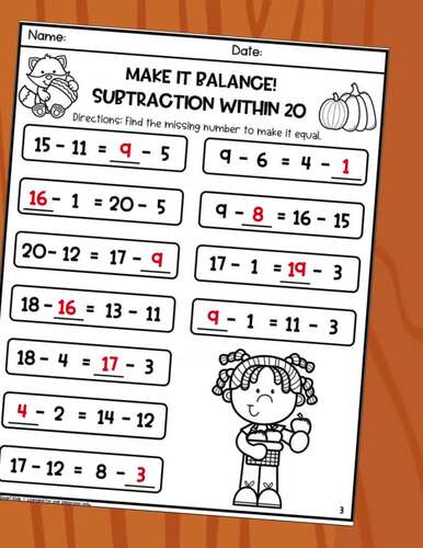 Fall Apple Balancing Addition & Subtraction Equations to 20 Make It ...