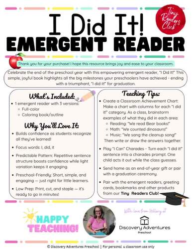 I Did It! – Preschool Graduation Emergent Reader | TPT