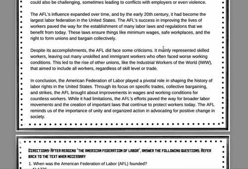 The American Federation of Labor Reading Passage With Comprehension and ...
