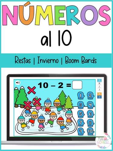 Winter Subtraction within 10 in Spanish Boom cards, Restas a 10, math ...