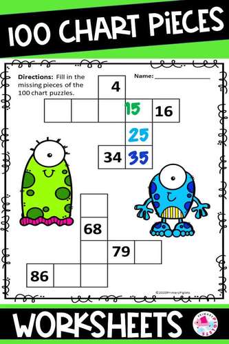 100s CHARTS WORKSHEETS - BLANK, FILL IN, MISSING NUMBERS - MONSTERS