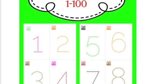 Multi Color Flash cards numbers 1 to 100 Tracing, handwriting printable