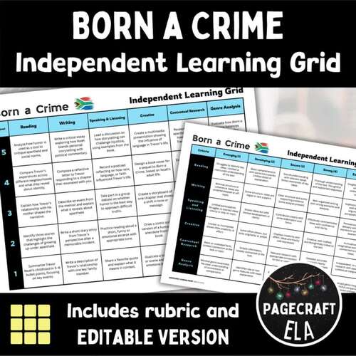 Born a Crime Independent Study Grid of Activity Choices with Rubric