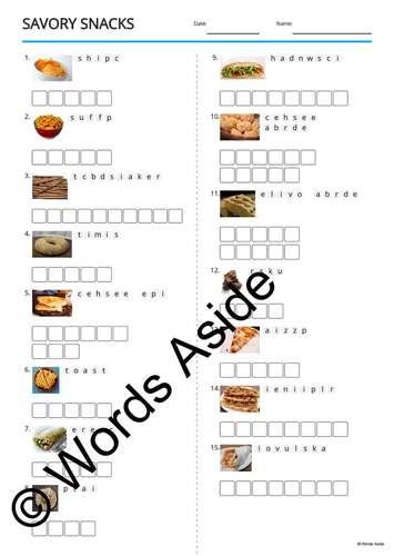 Vocabulary Puzzle Writing Worksheets Crossword Word Search Anagram SNACKS