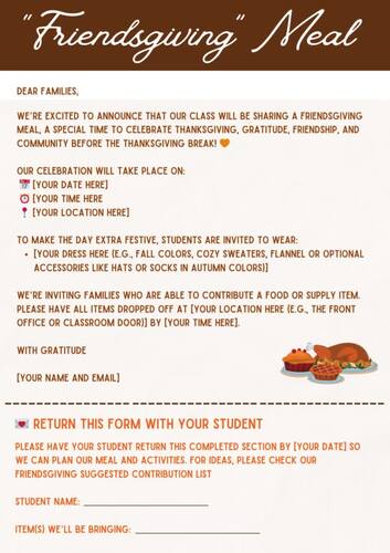 Friendsgiving Parent Letter Template and Classroom Forms Grades 1-8 ...