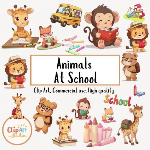 Baby Animals At School Clip Art - Set of 23 - Back To School. First Day