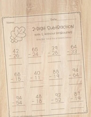 Fall 2 Digit Subtraction Worksheets With&Without Regrouping Autumn Math ...