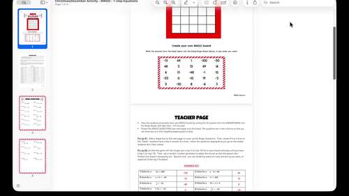 6th Grade Christmas Math Game Solving One-Step Equations Review Bingo