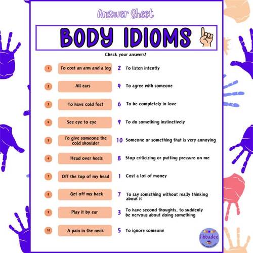 Idioms worksheets & memory game (Body idioms 1) ELA, 4th-12th grades ...