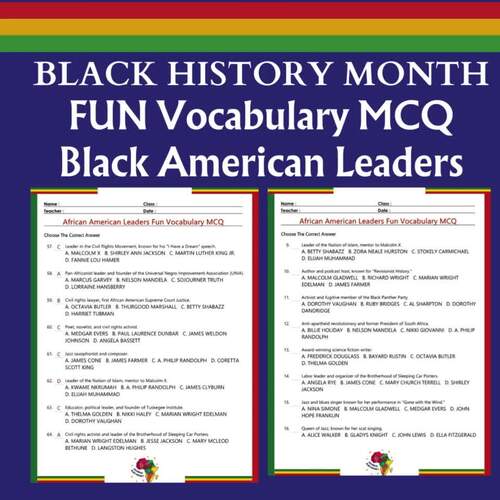 Black History Month Famous African American Leaders Vocabulary Quiz Fun MCQ