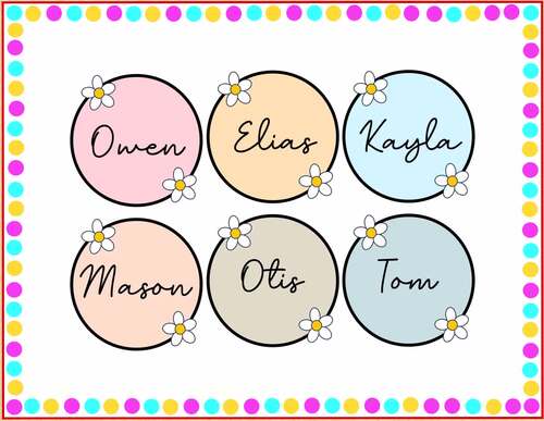 Round Floral Student Name Labels, Editable Boho Neutral Flower Name Plates
