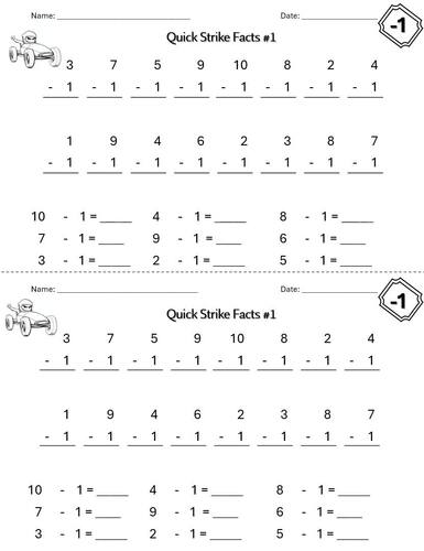 Math Fact Fluency -1 (Subtraction Timed Test) Half-Sheet | TPT