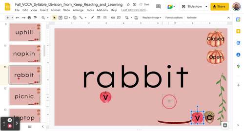 Fall Themed Interactive VCCV Pattern Closed Syllable Division Slide Deck