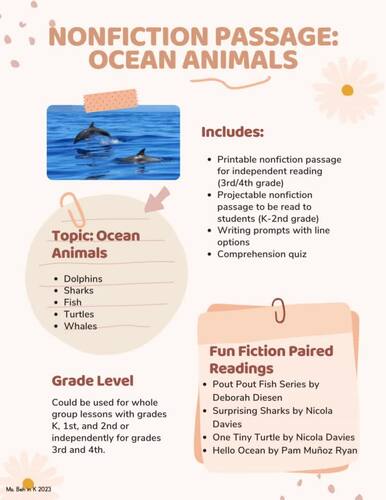 Ocean Animals (Nonfiction Passage, Writing Prompts, & Comprehension Check)
