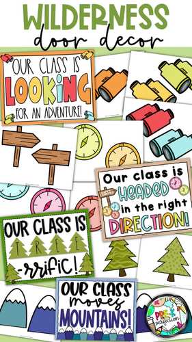 EDITABLE Wilderness Door Decor | Trees, Binoculars, Compass, Mountains