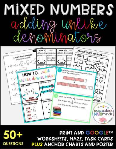 Adding Fractions with Unlike Denominators (inc. Mixed Numbers) PRINT ...