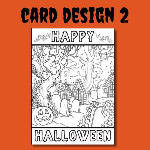 10 Halloween Color-in Cards with Writing Lines and Drawing Activity