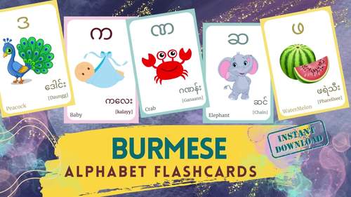 BURMESE Alphabet FLASHCARD with picture, Learning Burmese, Burmese Flash card