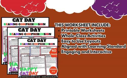 Cat Day Reading Comprehension Worksheets, 5th 6th 7th 8th Grade | TPT