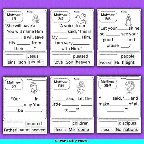 Matthew Bible Verse Learning Activities & Memory Card Worksheets