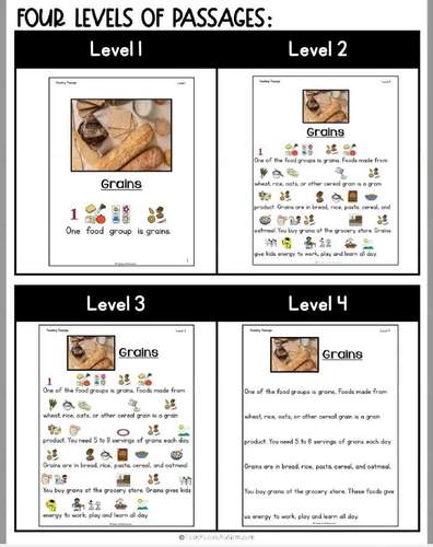 Food Groups Reading Comprehension Passages and Worksheets with Visuals
