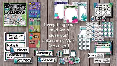 Back to School Classroom Decor SUCCULENTS and CACTUS Complete Calendar