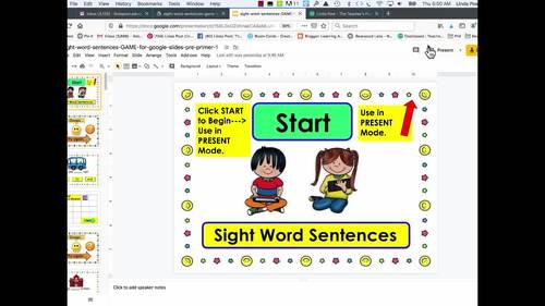 Sight Words Sentences Game Google Slides Pre Primer 1-20 Digital Center PDF