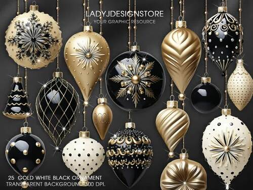Gold black and White Christmas Ornaments Clipart by ladyjdesignstore