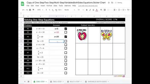 Google Sheets Math Solving Equations STICKER CHART by Algebra Accents