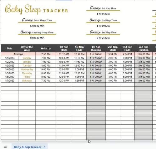 Baby Sleep Tracker Google Sheets Spreadsheet with Extended Wakeup and ...