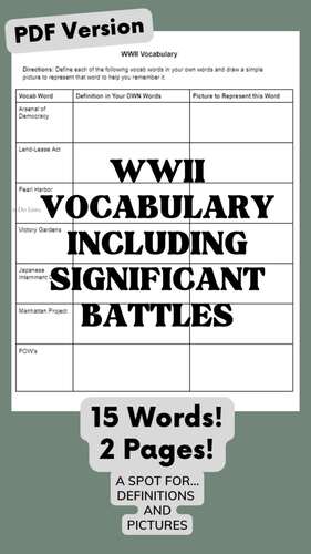 WWII Vocabulary -Including Battles - 15 Words - 2 Pages - Definitions ...