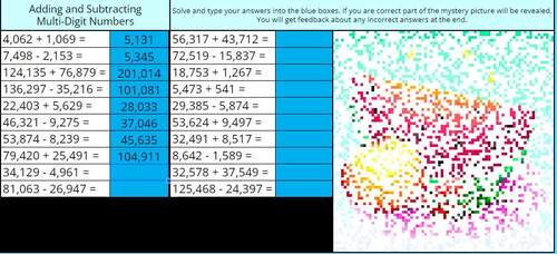 Adding and Subtracting Multi-Digit Numbers Pixel Art | 4.NBT.4 | TPT
