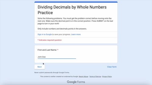 Dividing Decimals by Whole Numbers Google Forms (self-checking) 5th Grade