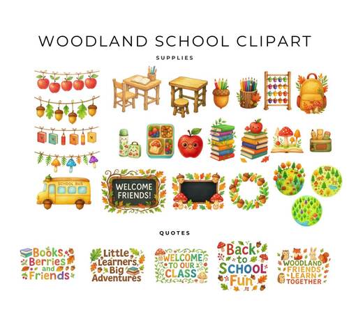Woodland Back to School Clipart, Cute Forest Animals by Once Upon a Doodle