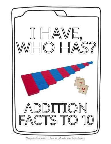 I Have Who Has Game Montessori Red Blue Rods Addition Facts to 10
