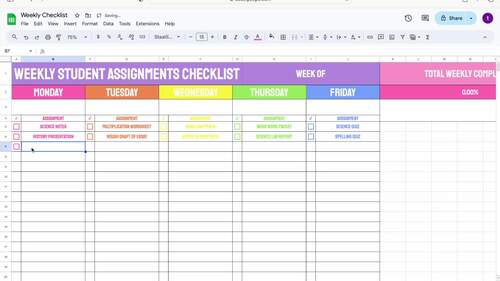 Google Sheets Student Digital Weekly Assignment Tracker by Tie Dye Teaching
