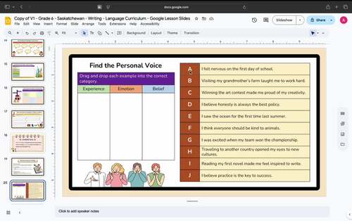 Grade 6 - Writing Unit - Google Lesson Slides - Saskatchewan Language