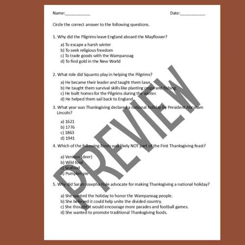 The First Thanksgiving Reading Comprehension Passage & Assessment