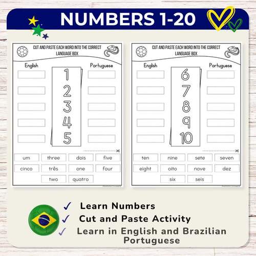 Brazilian Portuguese Numbers & Counting 1-20, Football-Themed Worksheets
